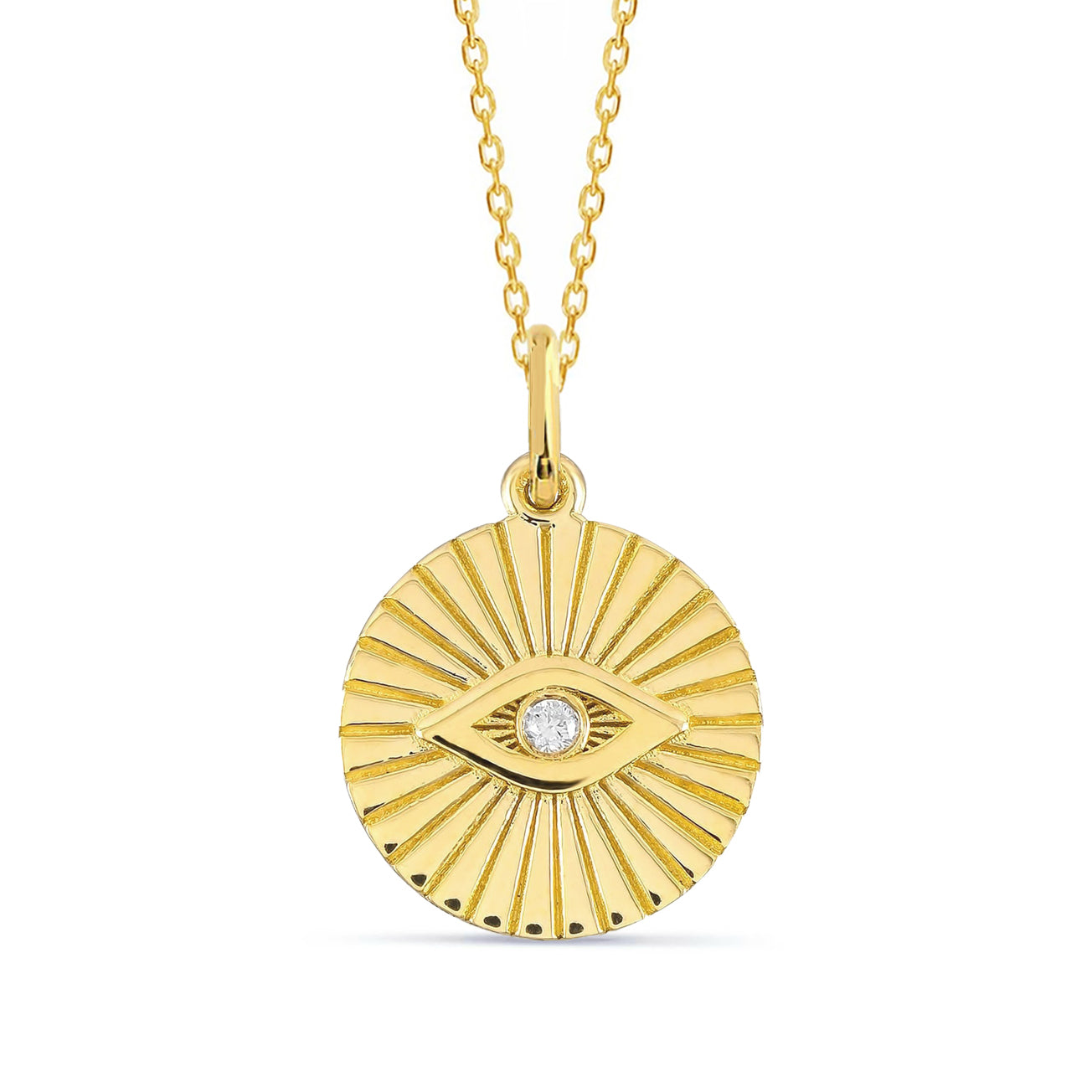 14K Gold Fluted Diamond Evil Eye Disc Necklace