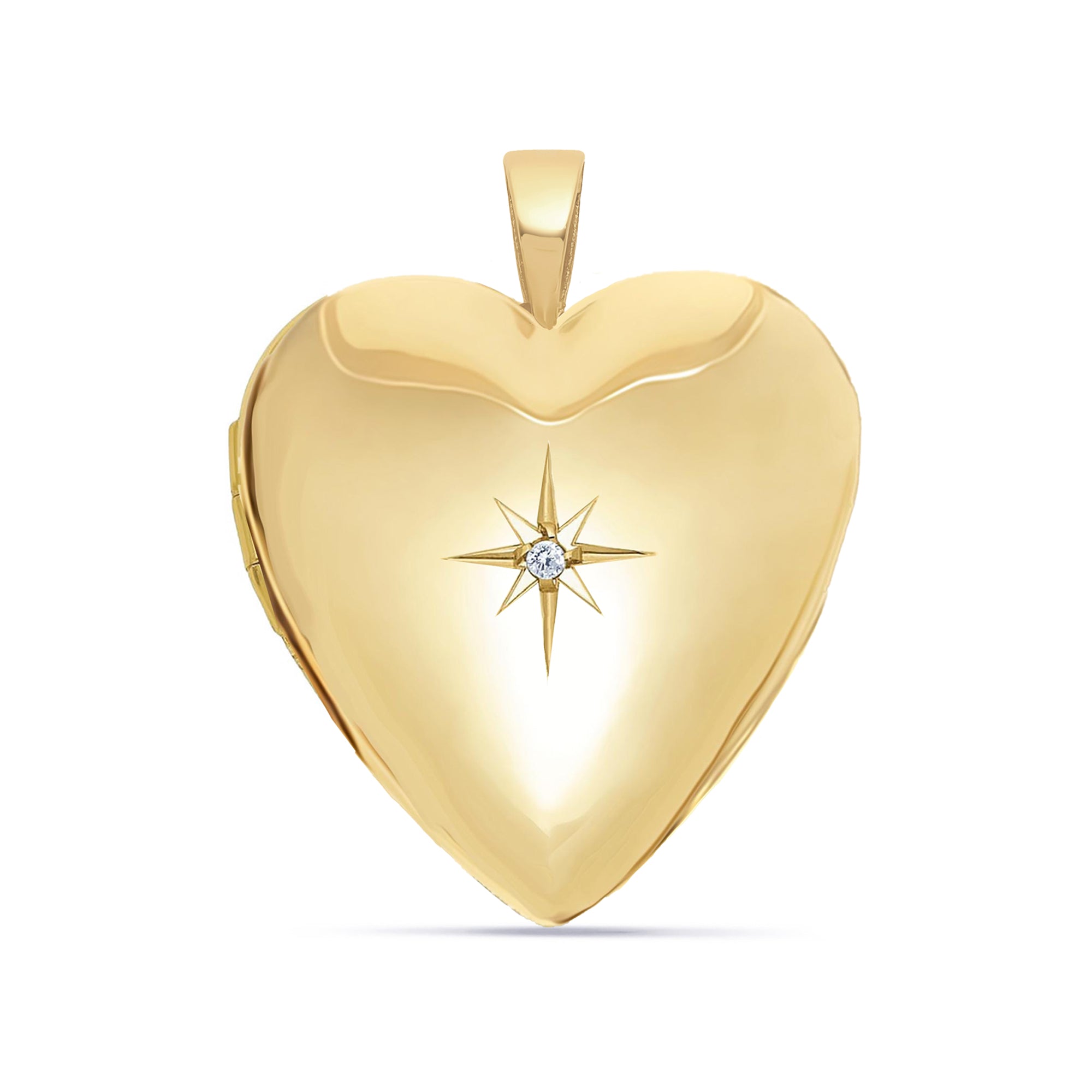 14K Solid Gold Diamond North Star, Starburst Heart Locket
