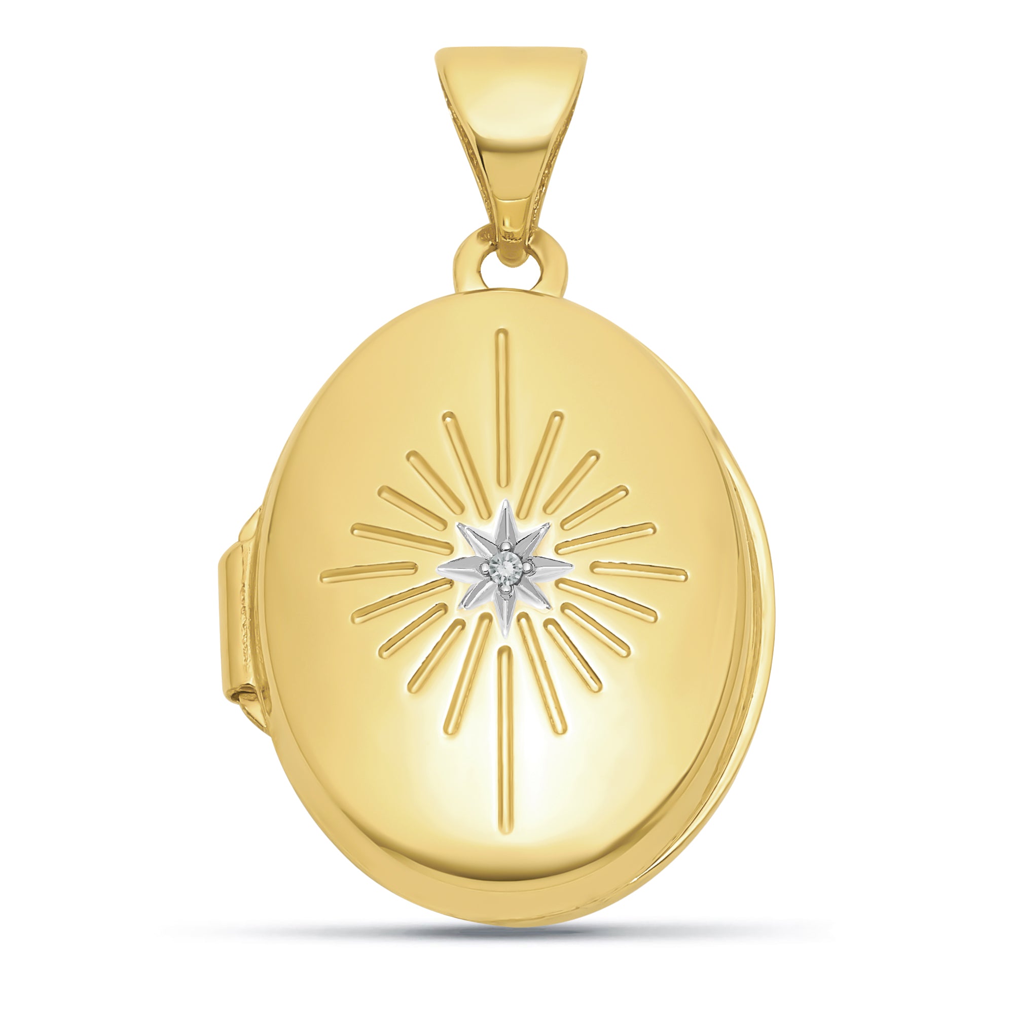 14K Solid Gold Diamond Accented Oval North Star Locket