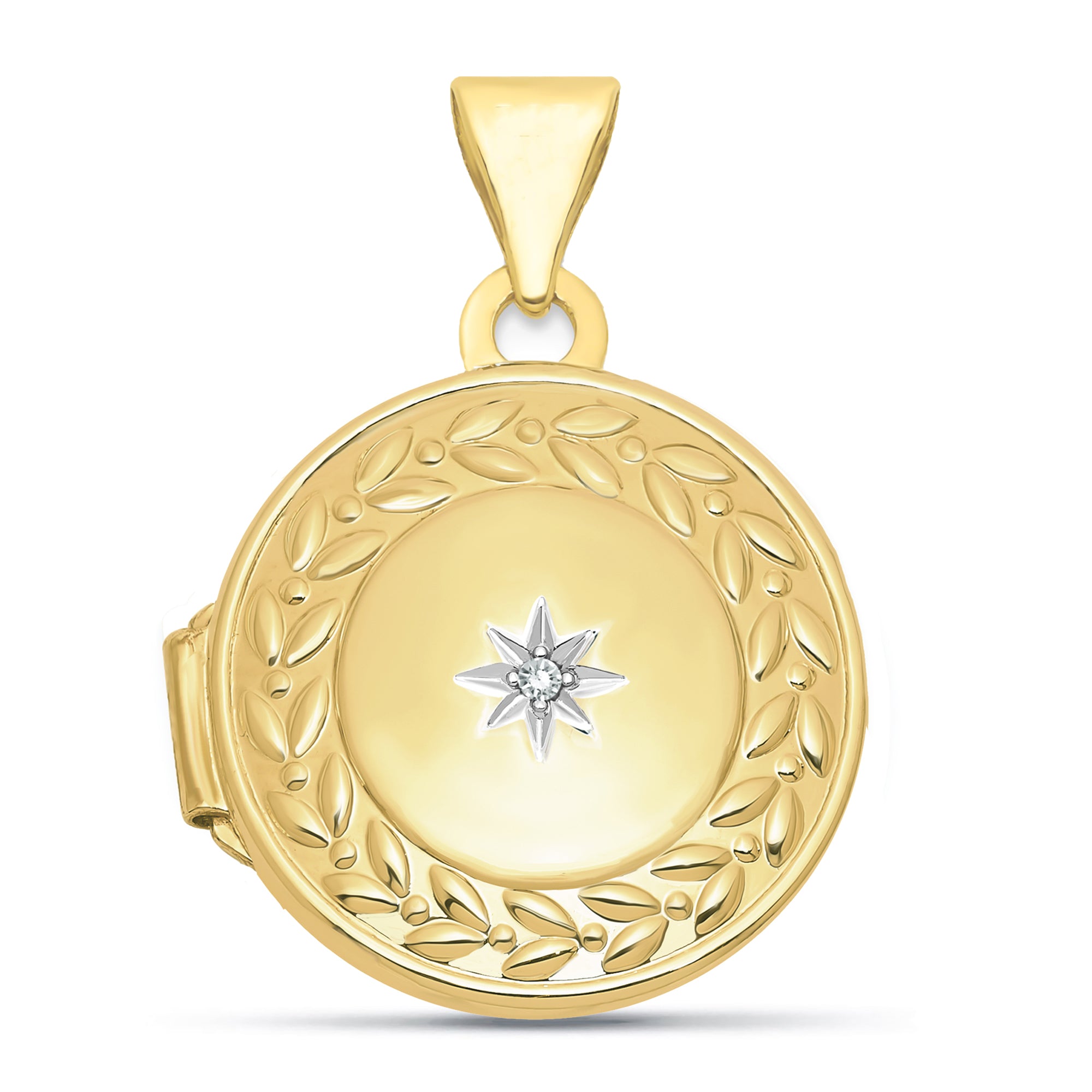 14K Solid Gold Diamond Accented Round North Star Locket