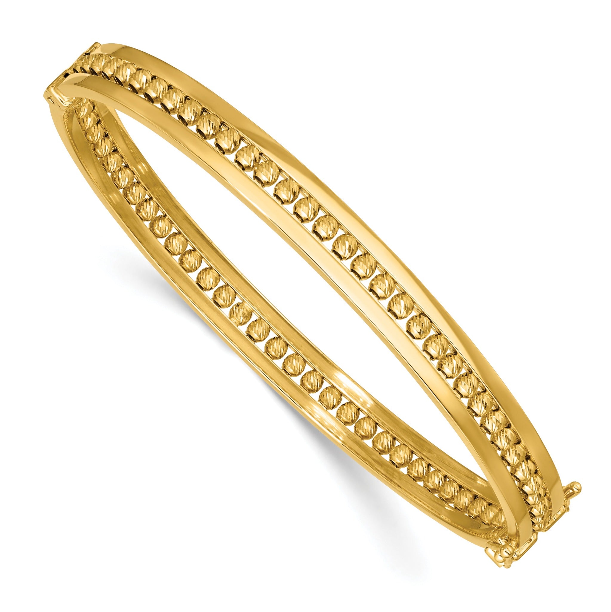 14K Gold Diamond-Cut Beaded Hinged Bangle Bracelet for Women