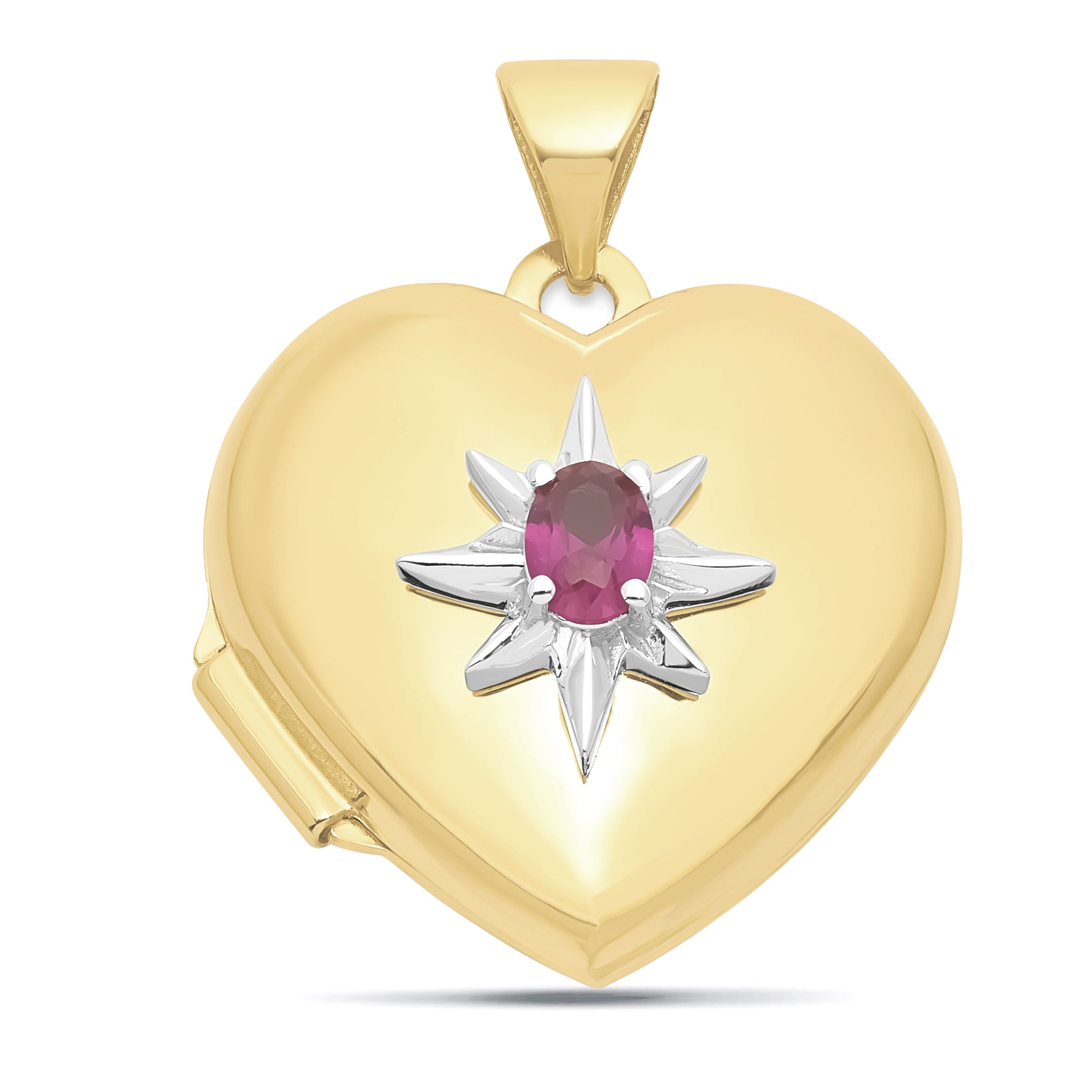 14K Solid Gold Ruby Accented North Star Heart Locket